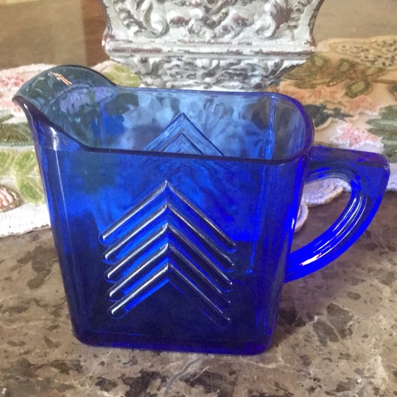 Dining | Vintage Cobalt Blue Depression Glass Chevron Milk Pitcher Art ...